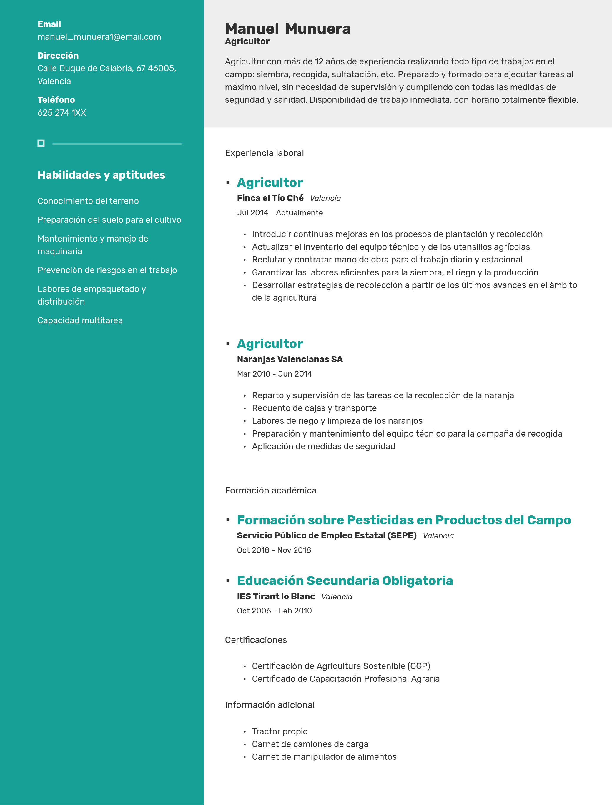 Curriculum vitae para agricultor | OnlineCV