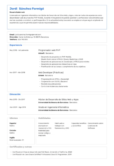 Modelo de curriculum vitae para un desarrollador web Modelo de curriculum vitae para un desarrollador web