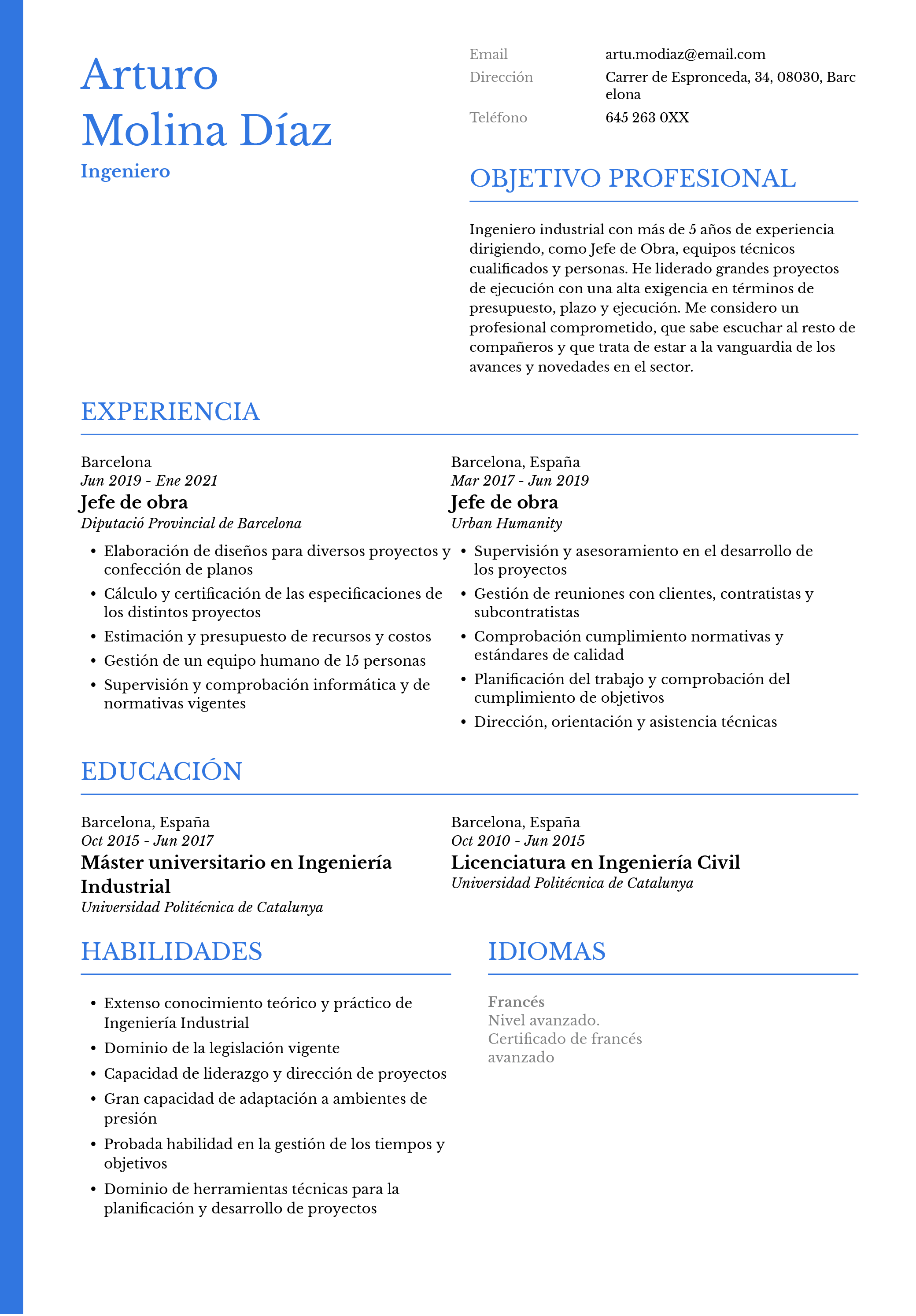 Modelo de curriculum vitae para un Ingeniero | OnlineCV