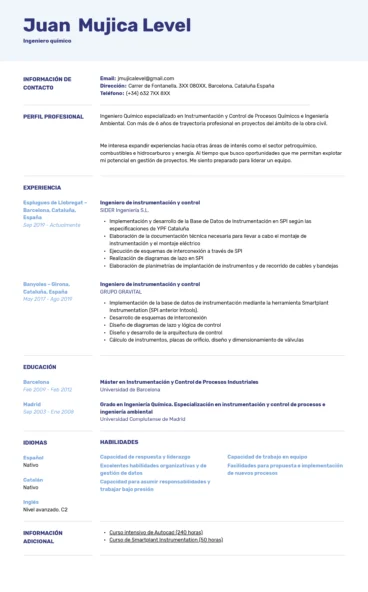 Modelo de curriculum vitae para ingeniero químico | OnlineCV