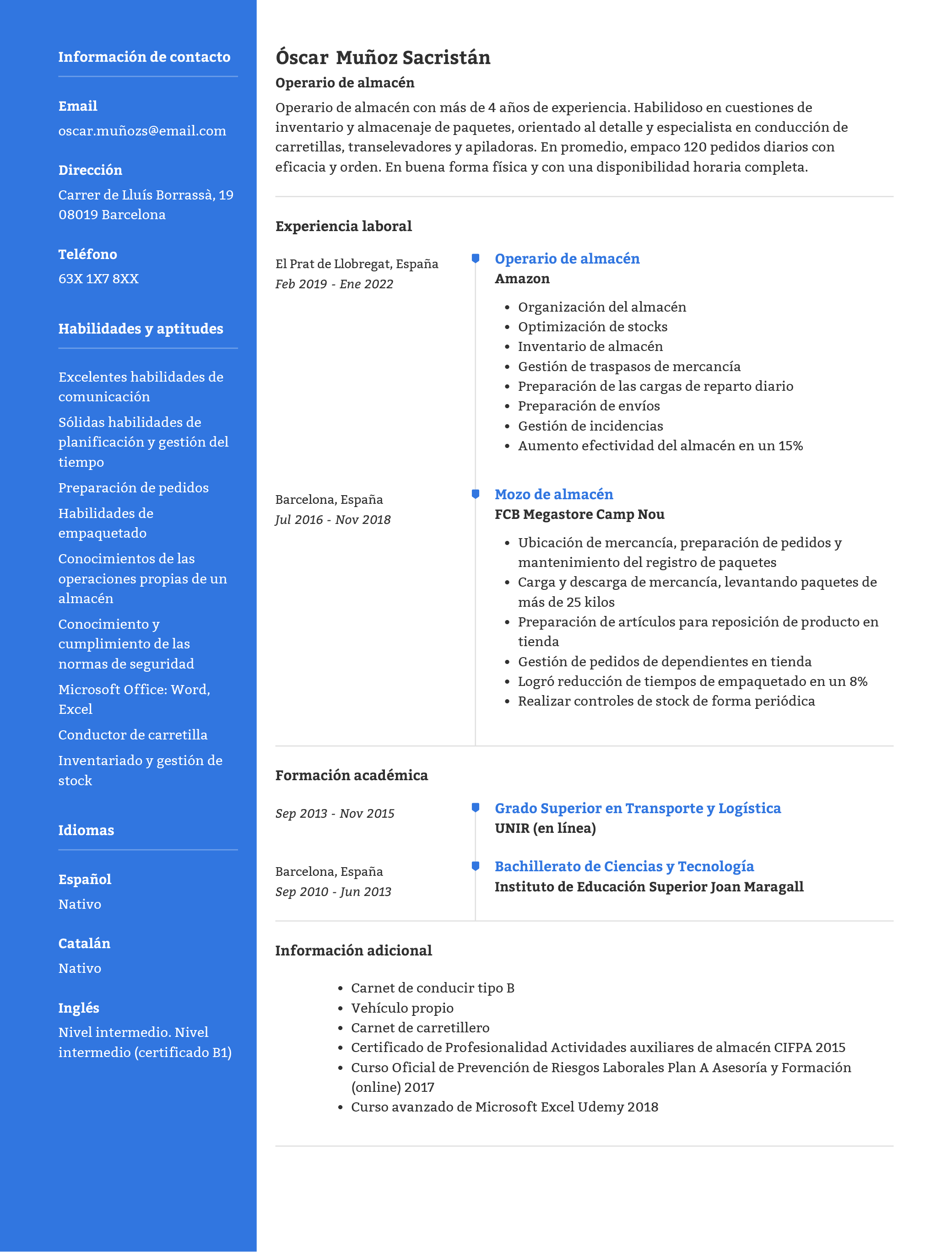 Modelo de currículum de Operario de almacén - OnlineCV